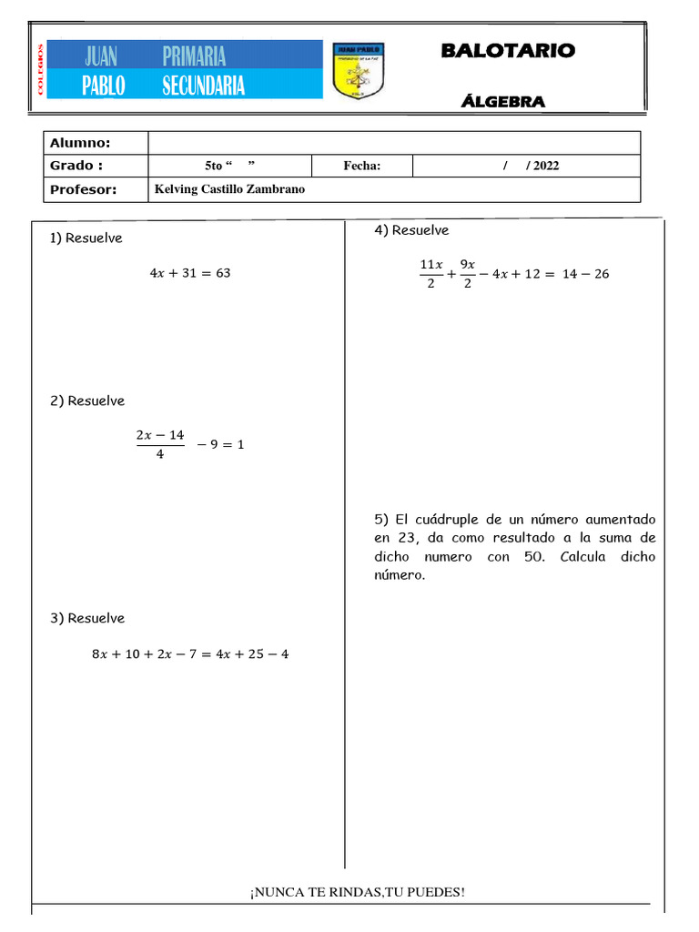 5to Algebra Balotario | PDF