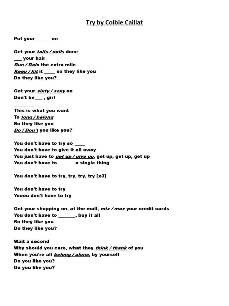 Song Try by Colbie Caillat Activities With Music Songs Nursery Rhymes ...