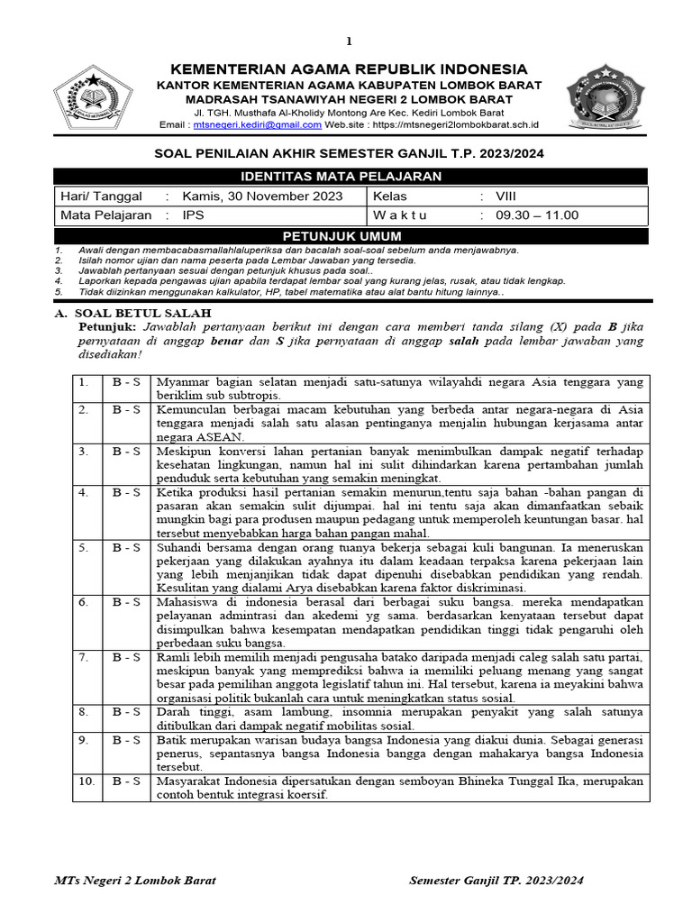 Soal Pas Ips-8 Ganjil (2023-2024) | PDF | Politik