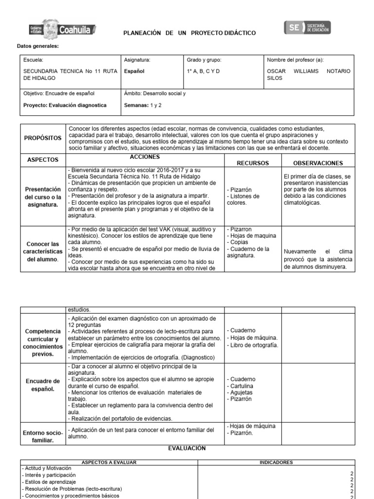 Plan Diag 1 y 3 | PDF | Evaluación | Aprendizaje