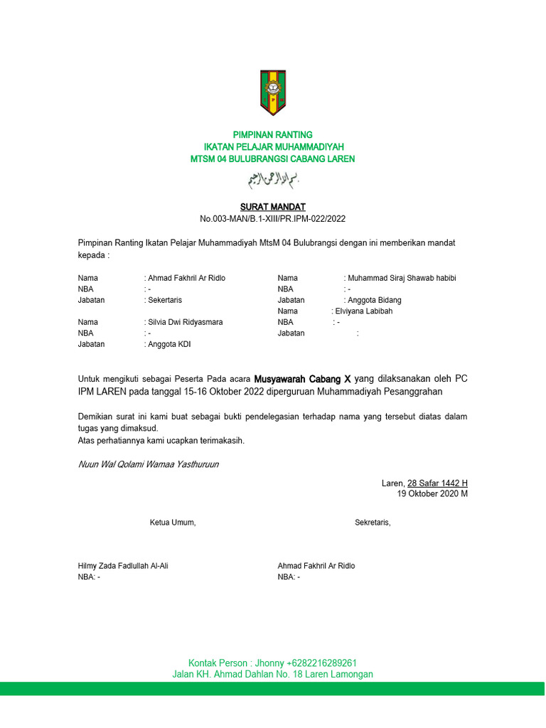 Mandat Pimpinan Ranting IPM Laren | PDF