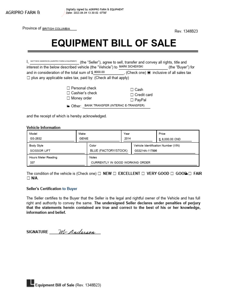 Equipment Bill of Sale - Fillable CANADA - SIGNEDpdf | PDF | Sales ...