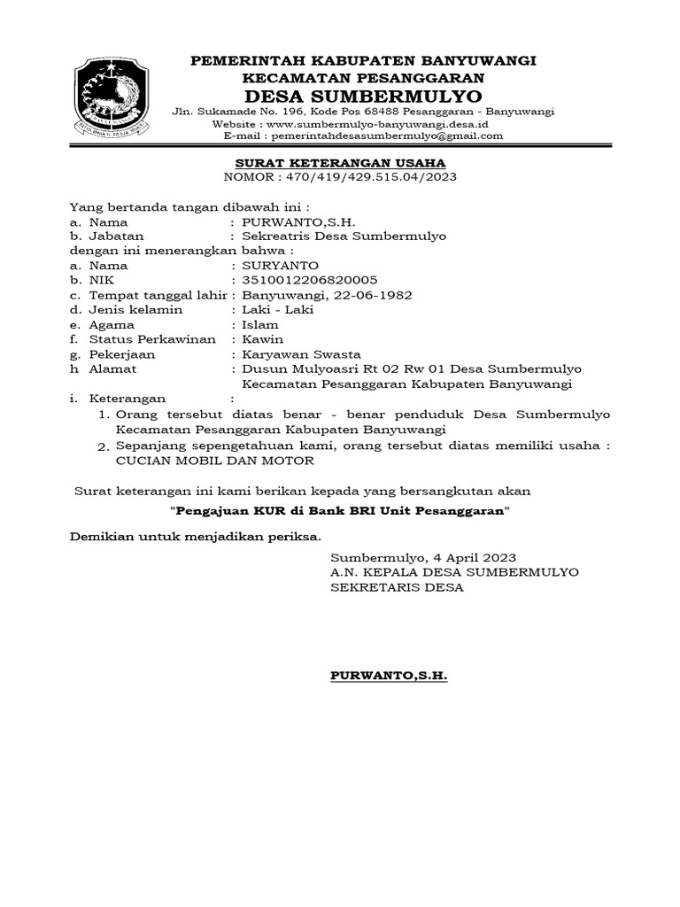 Surat Keterangan Usaha Suryanto | PDF