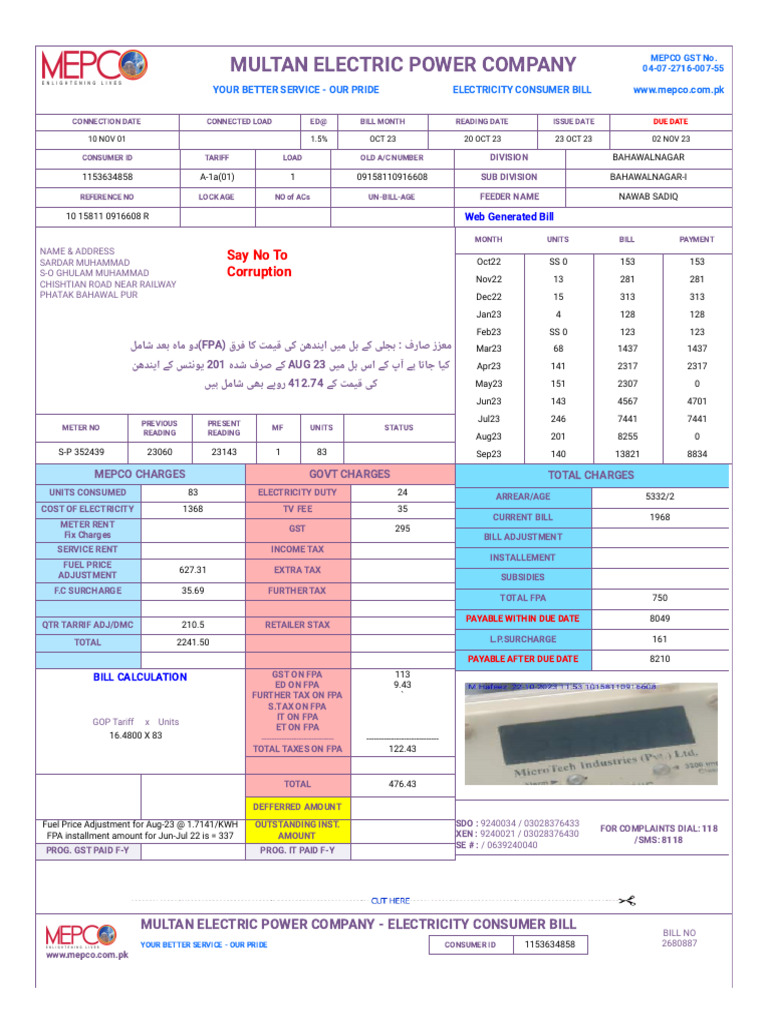 Mepco Online Bill | PDF | Fee | Taxes