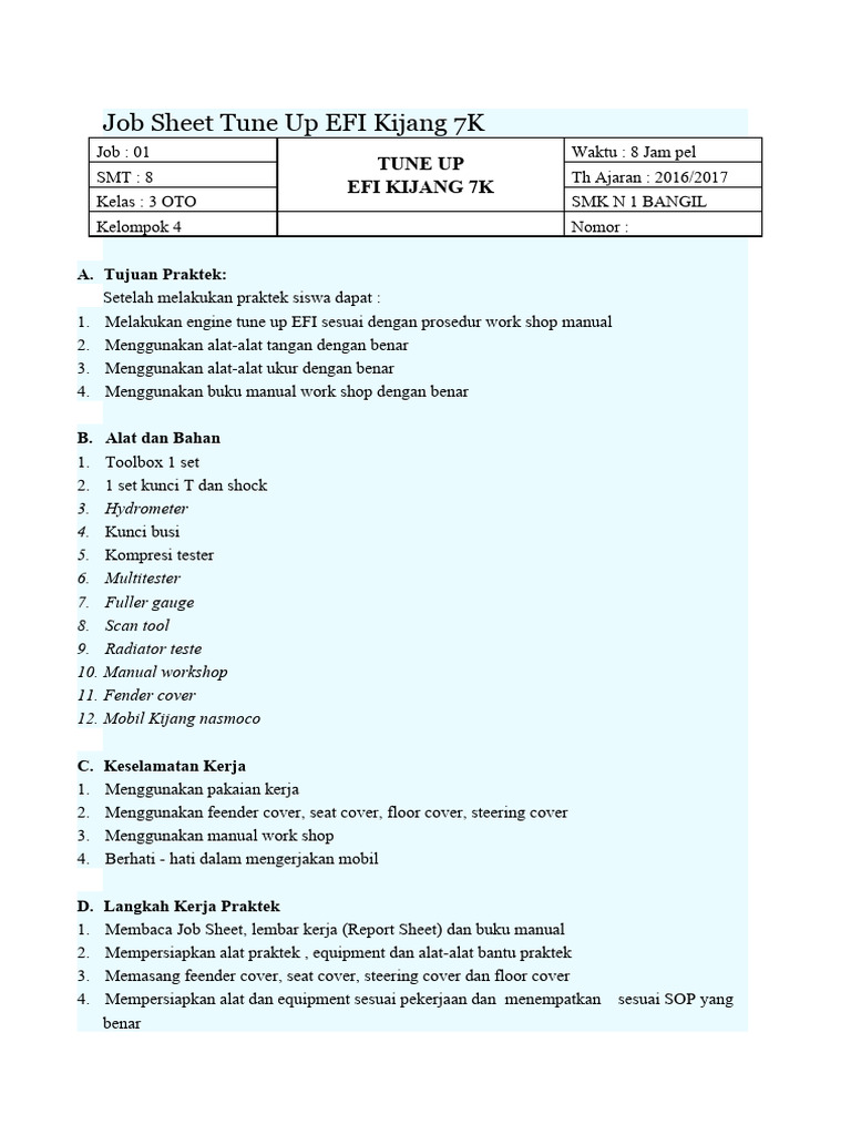 Job Sheet Tune Up EFI Kijang 7K | PDF