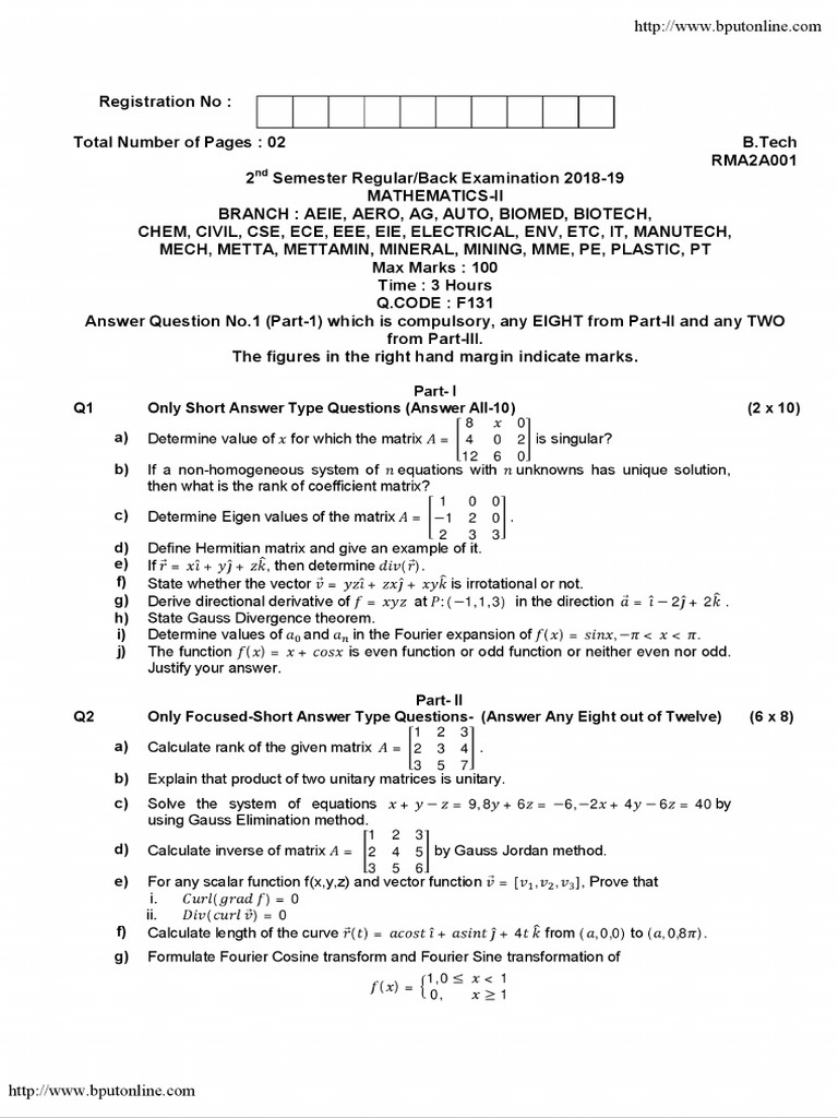 Btech 2nd Sem Math Questions2018 | PDF