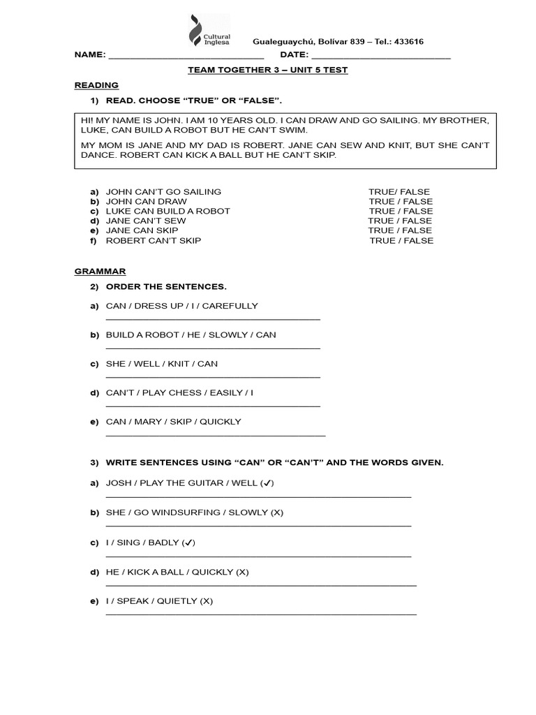 Team Together 3 Unit 5 Test | PDF | Linguistics | Human Communication