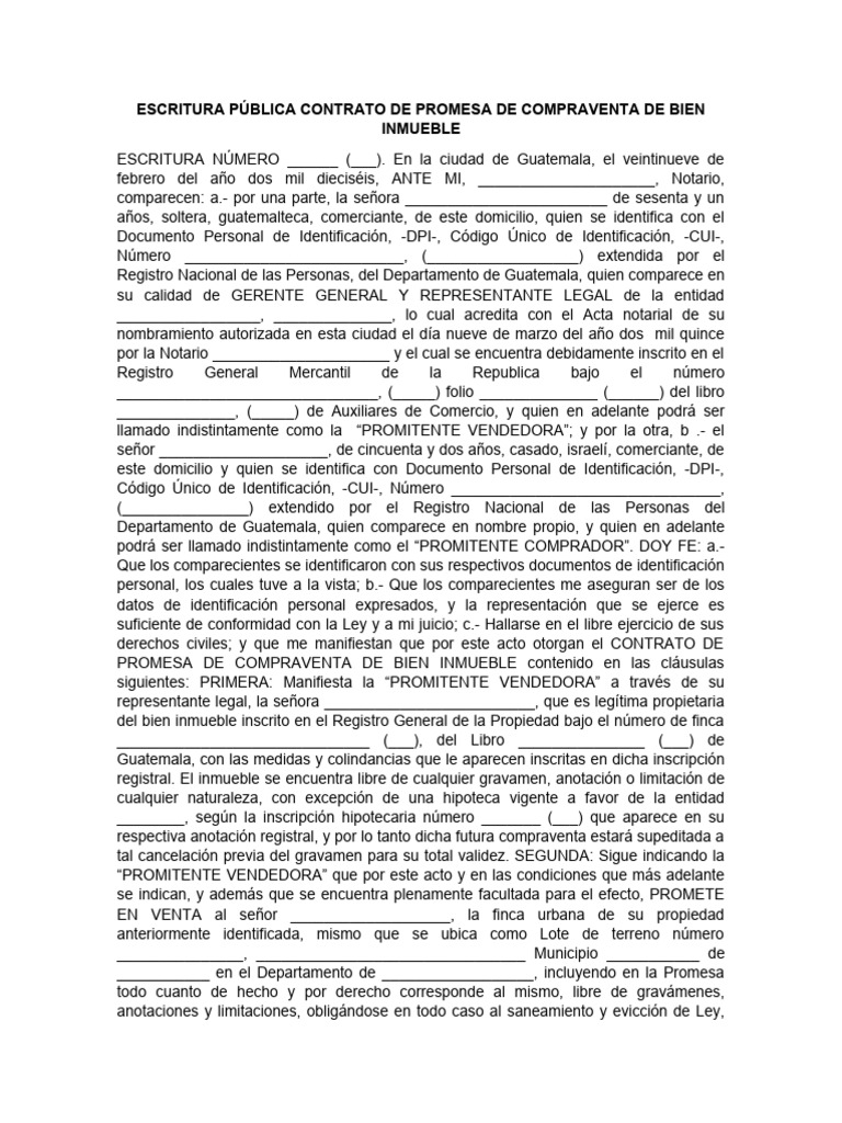 Escritura Pública Contrato de Promesa de Compraventa de Bien Inmueble | Descargar gratis PDF ...