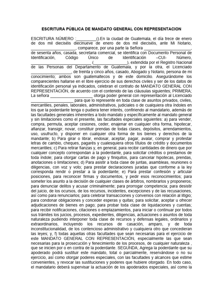 Escritura Pública de Mandato General Con Representacion | Descargar ...