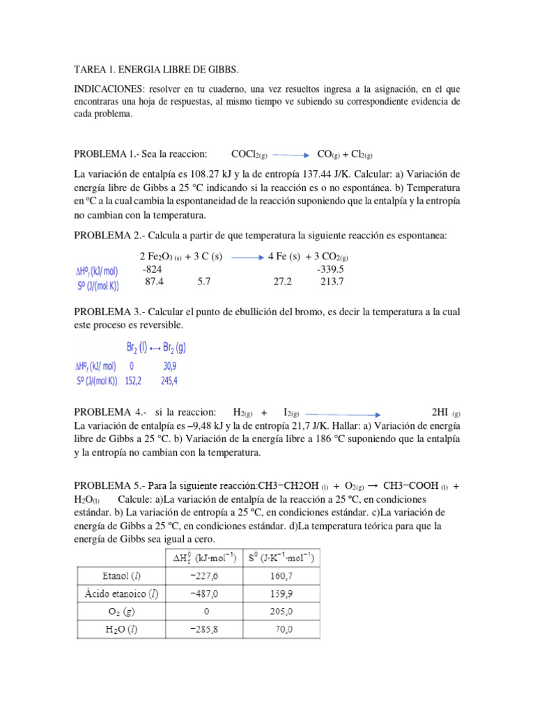 Tarea 1 Energia Libre de Gibbs | PDF | Energía libre de Gibbs | Equilibrio químico