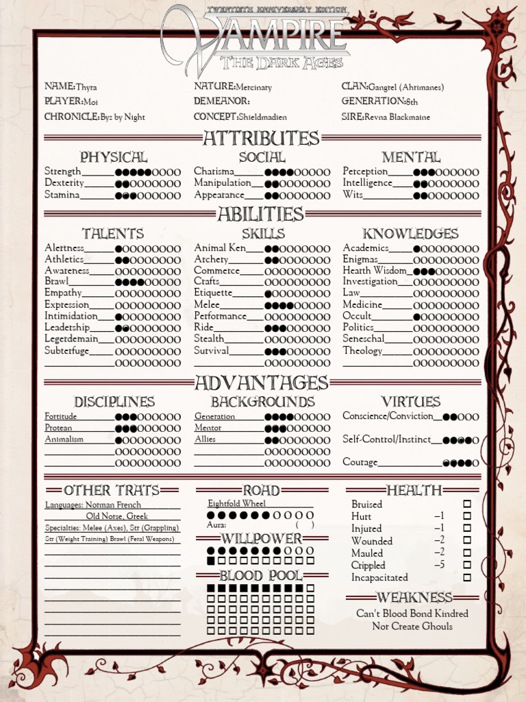 Vampire: Dark Ages Character Sheet | PDF