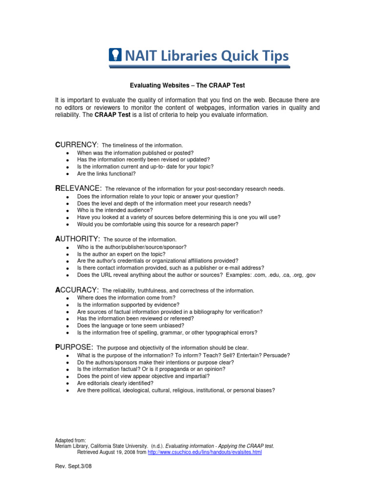 Evaluating Websites with the CRAAP Test | PDF | Information Science ...