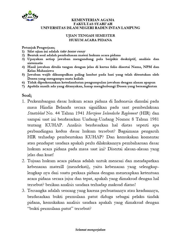 Soal UTS H. Acara PIDANA | PDF