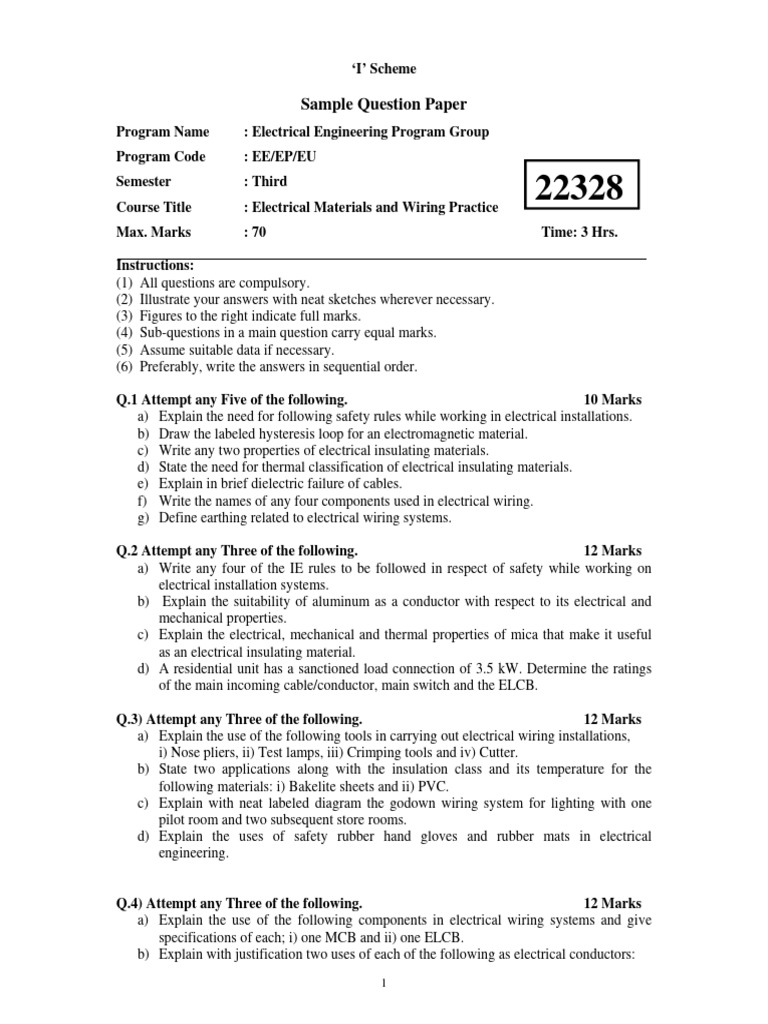 Sample Question Paper Electrical Materials and Wiring Practice ...