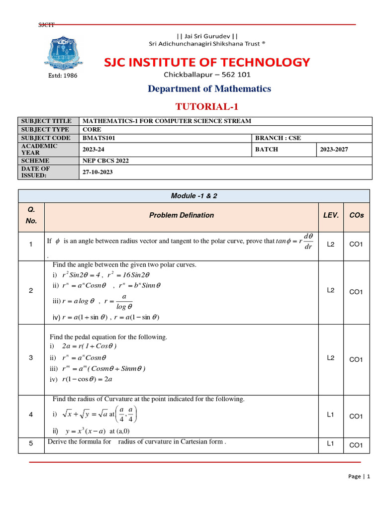Maths TUTORIAL 1-CSE Stream CIE-1 | PDF | Curvature | Elementary ...