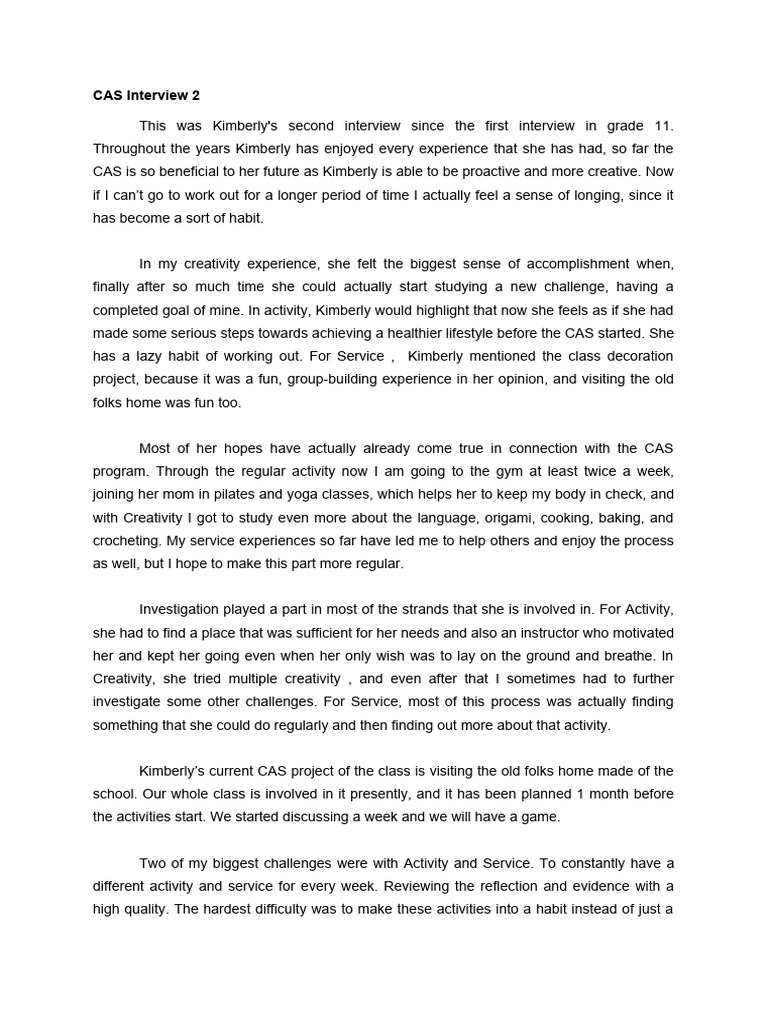 Kimberly - CAS - Interview - 2 - Questions | PDF | Creativity | Behavior Modification