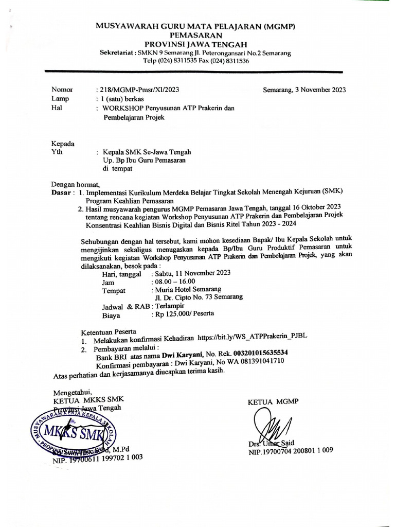 Surat Workshop Dan Jadwal | PDF