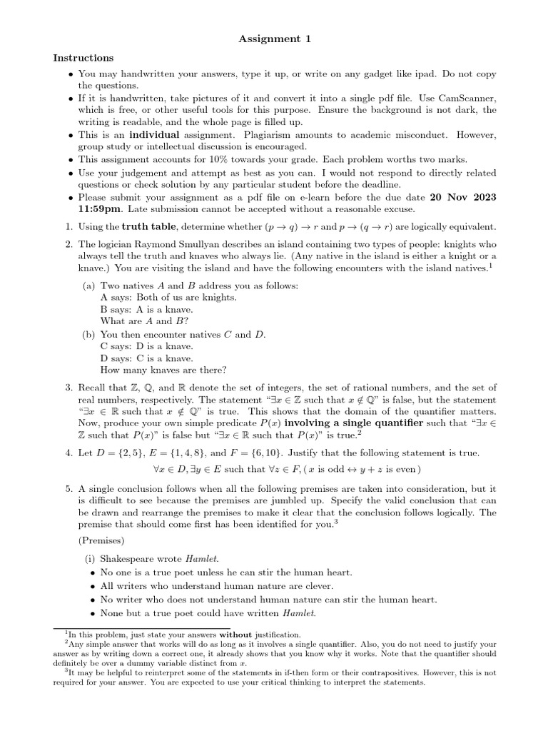 Assignment 1 | PDF | Mathematical Logic | Mathematics