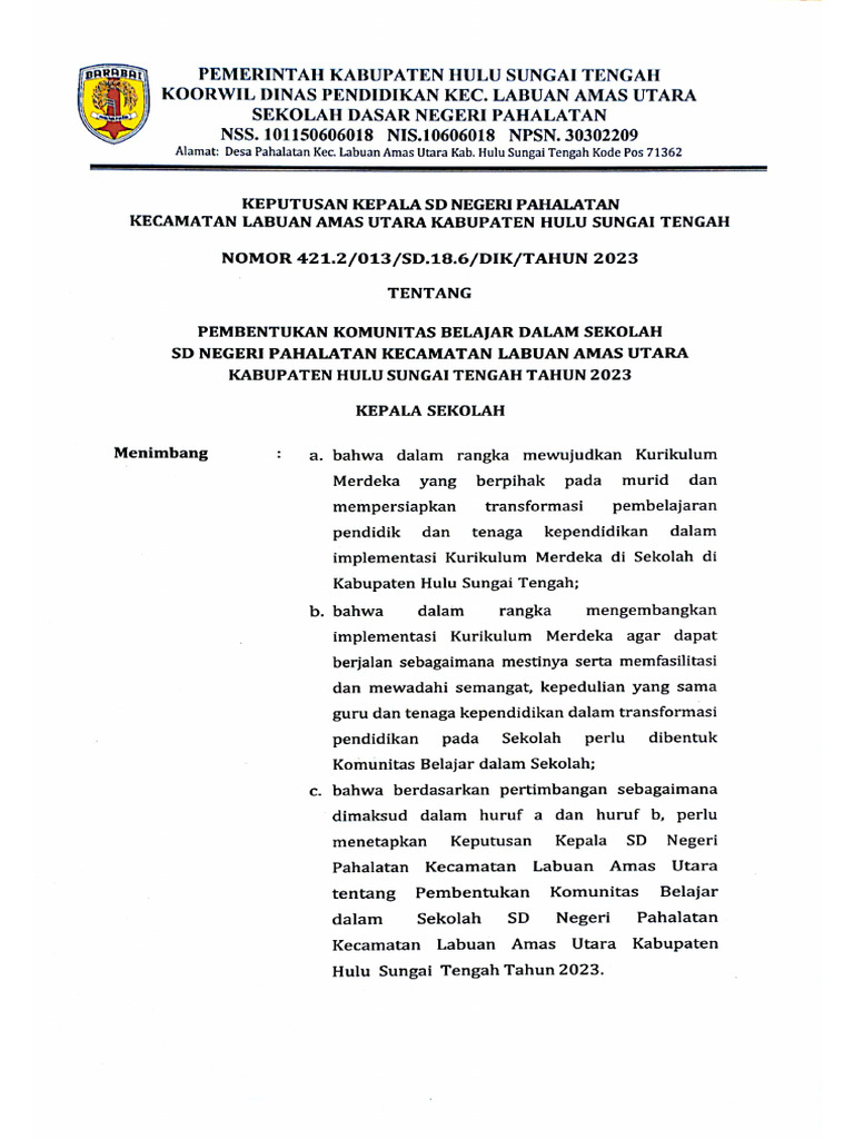 SK Komunitas Belajar Dalam Sekolah HST SDN Pahalatan | PDF