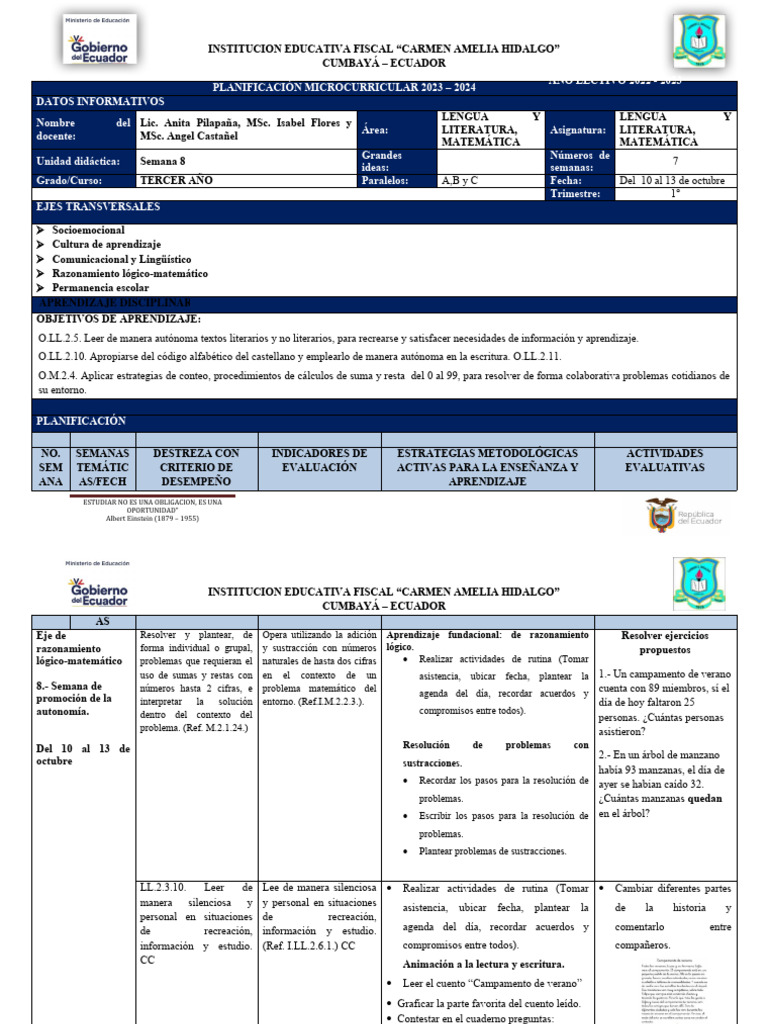 Planificación Semana 8 | PDF | Aprendizaje