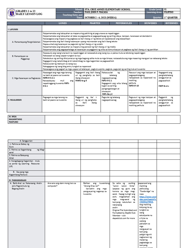 DLL - Filipino 6 - Q1 - W6 | PDF DLL - Filipino 6 - Q1 - W6 | PDF