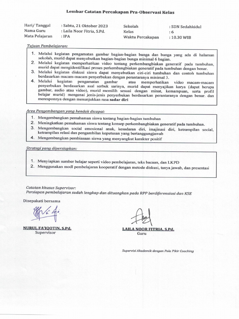 Lembar Pra, Selama, Dan Pasca Observasi | PDF