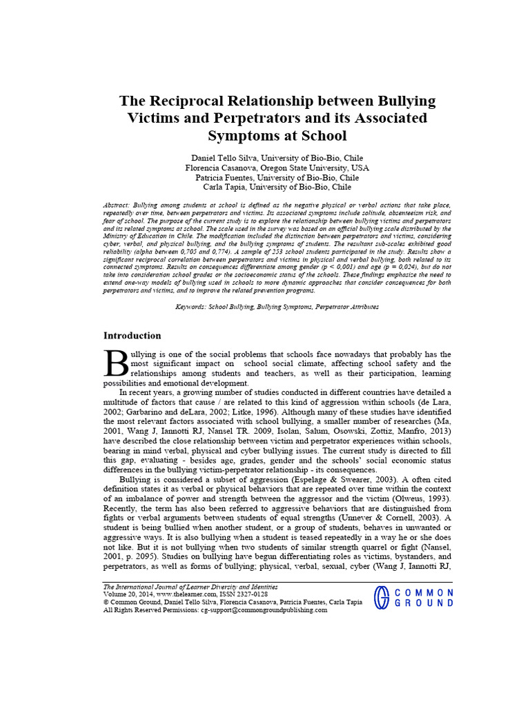 Reciprocal Relationship Between Bully Victims and Perpetrators | Download Free PDF | Bullying ...