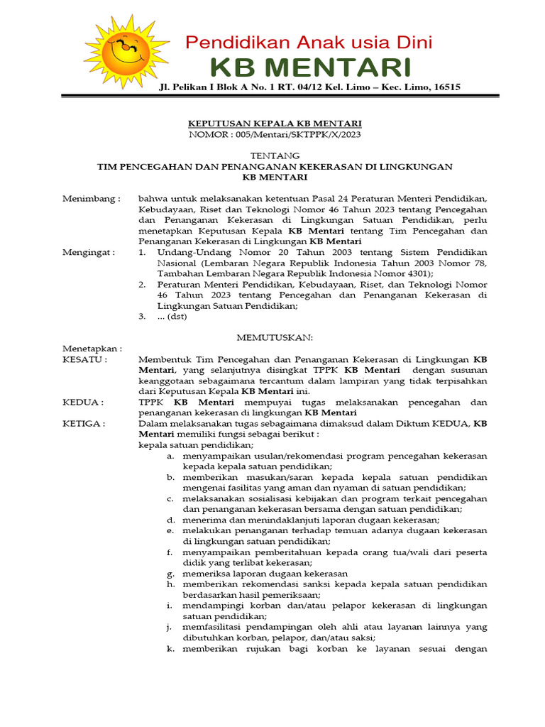 Contoh SK TPPK PAUD | PDF