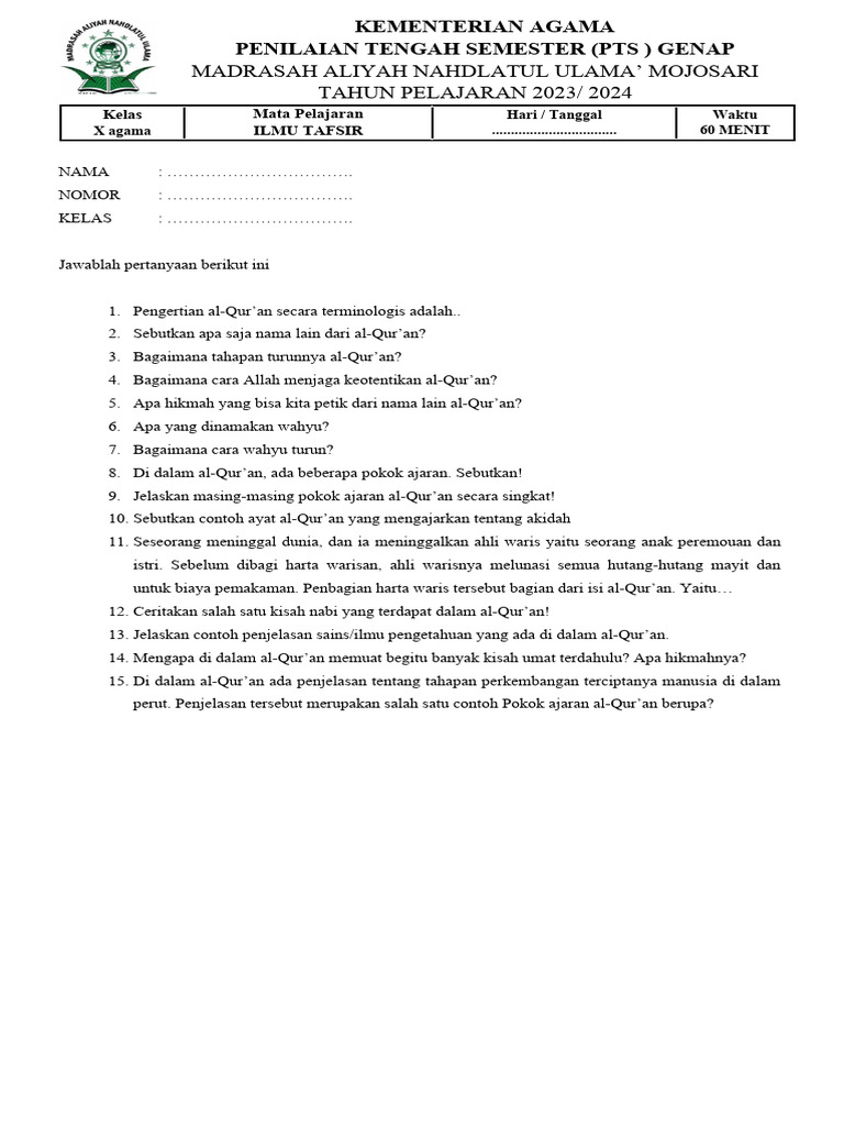 Soal PTS Ilmu Tafsir Kelas X 2023 | PDF
