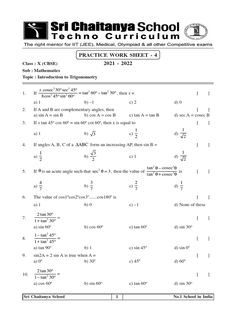 06 - Introduction To Trigonometry Practice WS - 4 | PDF | Trigonometric ...