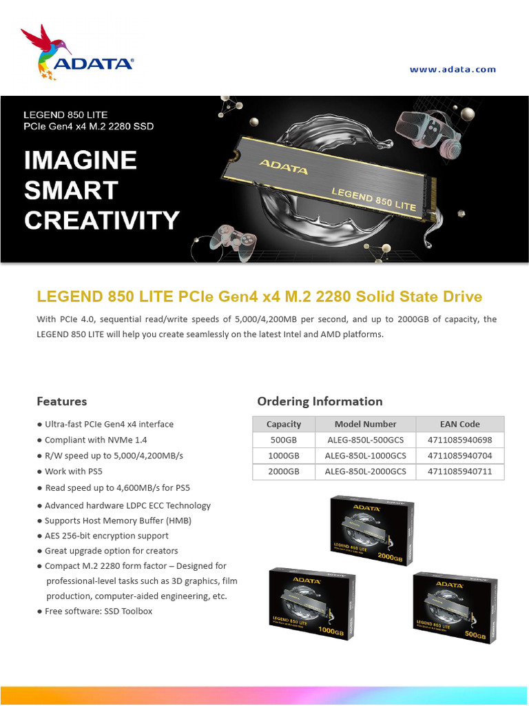 Datasheet Legend 850 Lite Pcie Gen4 x4 m2 2280 SSD v2 | PDF | Solid State Drive | Computer Science