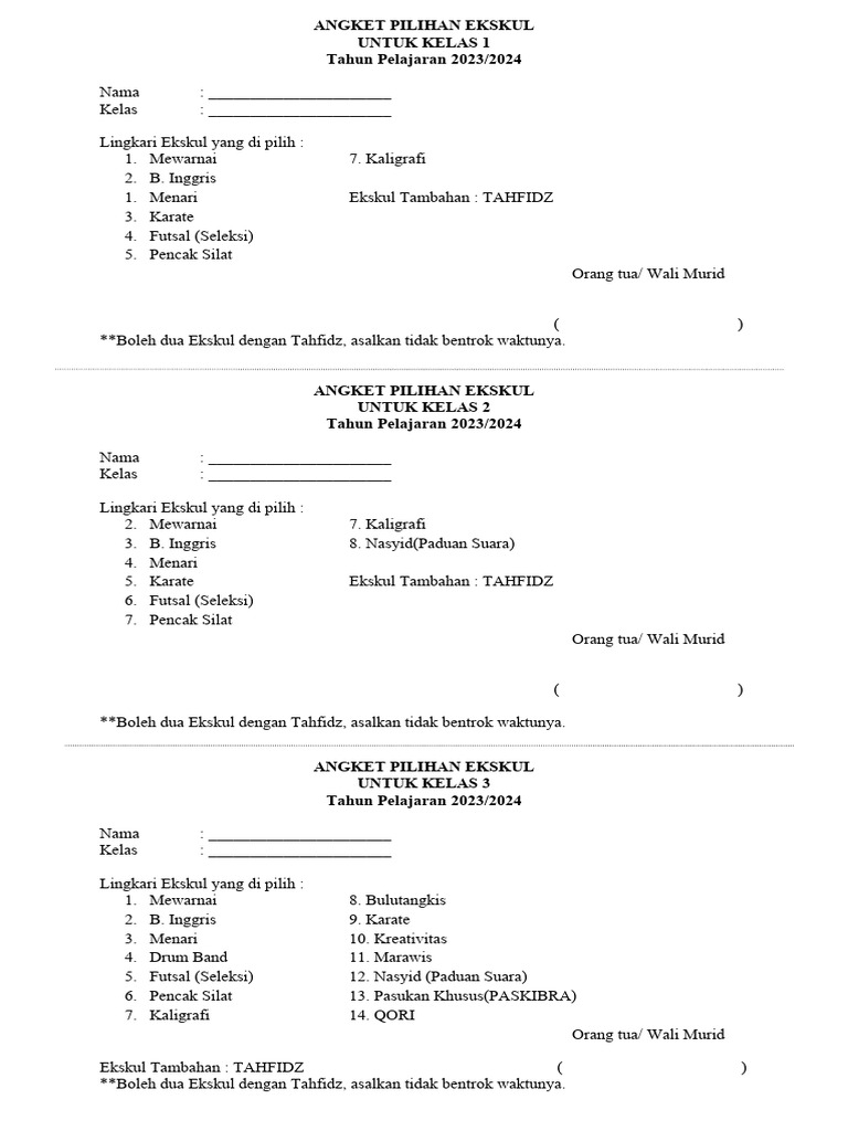 Angket Pilihan Ekskul KLS 1 2023-2024 | PDF