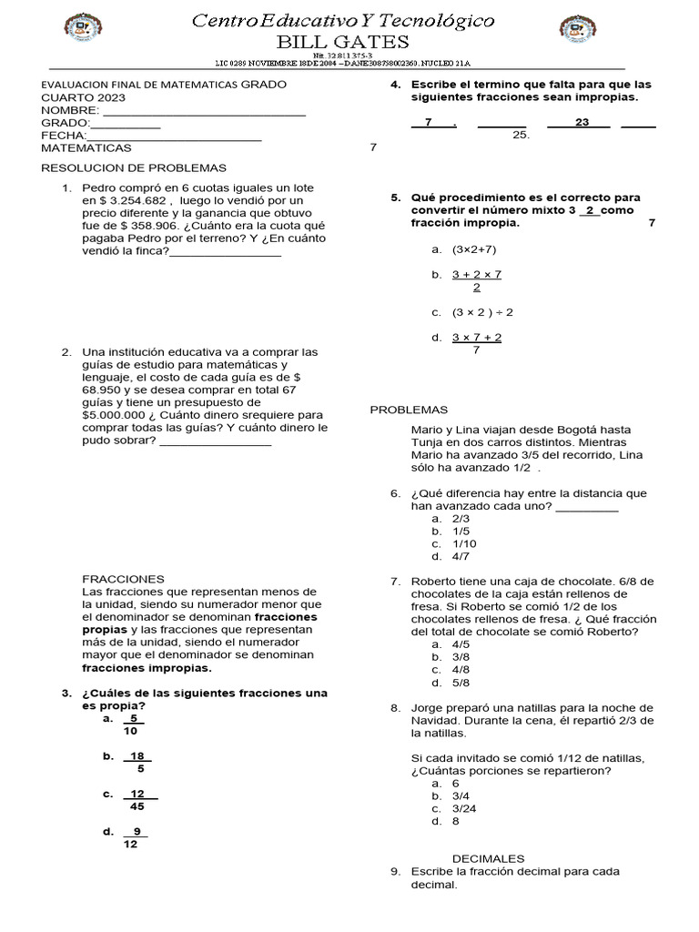 Eval Finalde Matematicas 4° | PDF | Matemáticas | Conceptos matemáticos