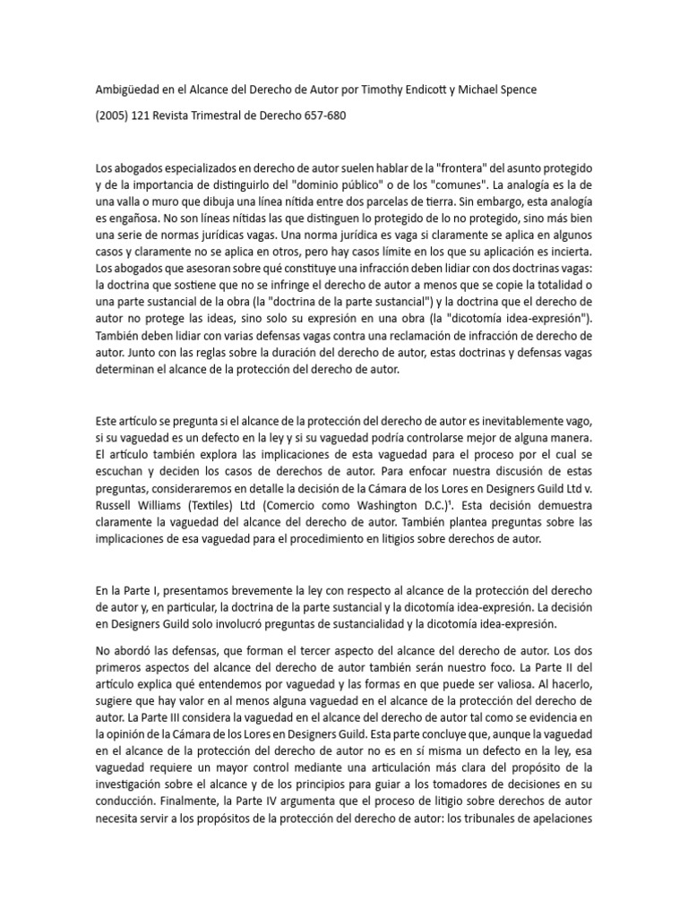 Ambigüedad en El Alcance Del Derecho de Autor Por Timothy Endicott y ...