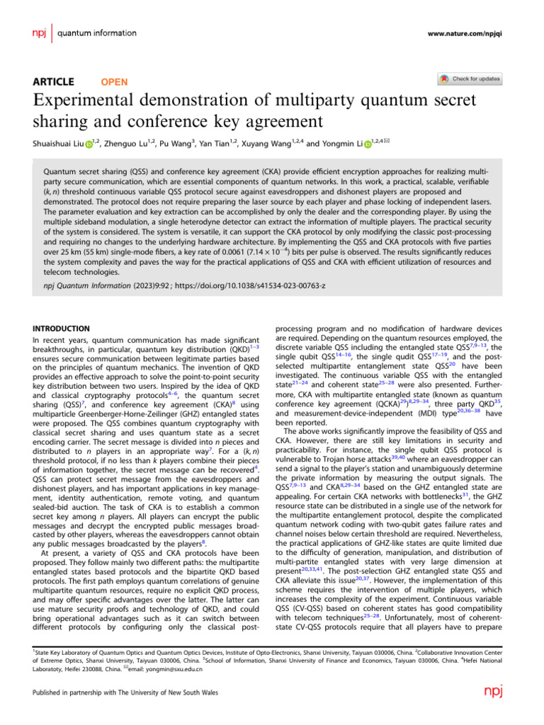 Experimental Demonstration of Multiparty Quantum Secret Sharing and Conference Key Agreement ...