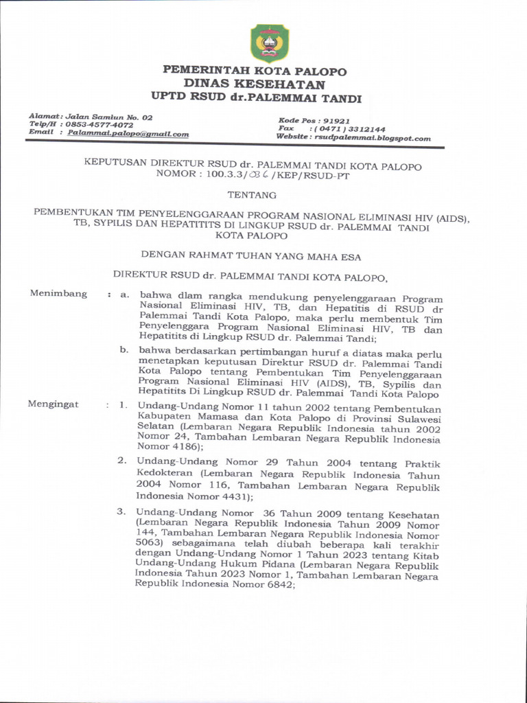 SK Tim Penyelenggaraan Program Nasional Eliminasi Hiv (Aids) TB | PDF