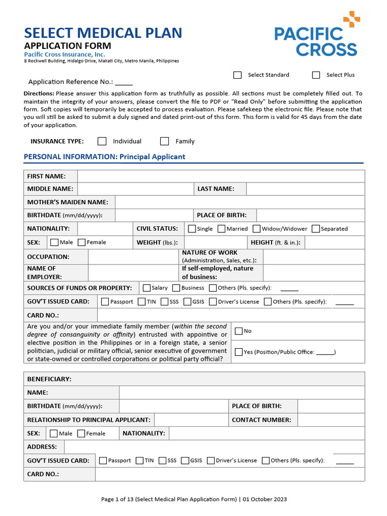 Select Medical Plan Application Form - Fil-2023-10 (October 1) | PDF ...