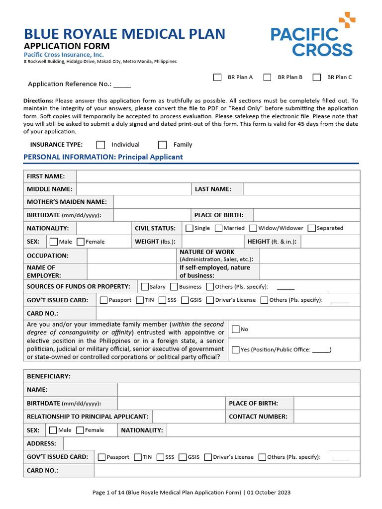 Blue Royale Medical Plan Application Form_Fil-2023-10 (October 1) | PDF ...