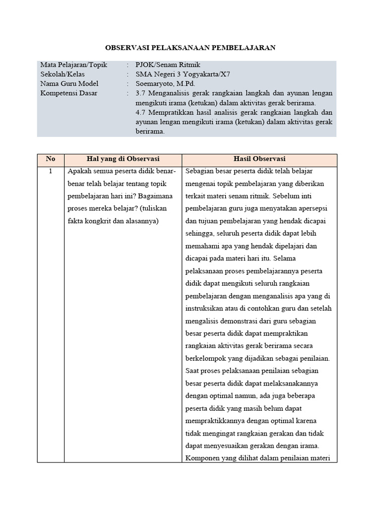 Observasi Pelaksanaan Pembelajaran | PDF | Pengembangan Diri