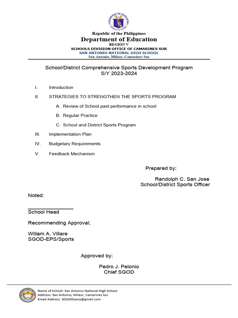 School District Comprehensive Sports Development Plan Template | PDF