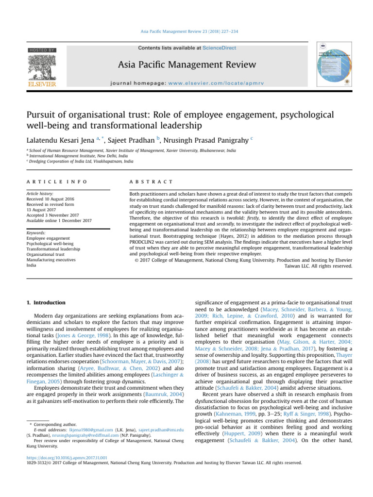 Pursuit of Organisational Trust Role of Employee Engagement, Psychological Well-Being and ...