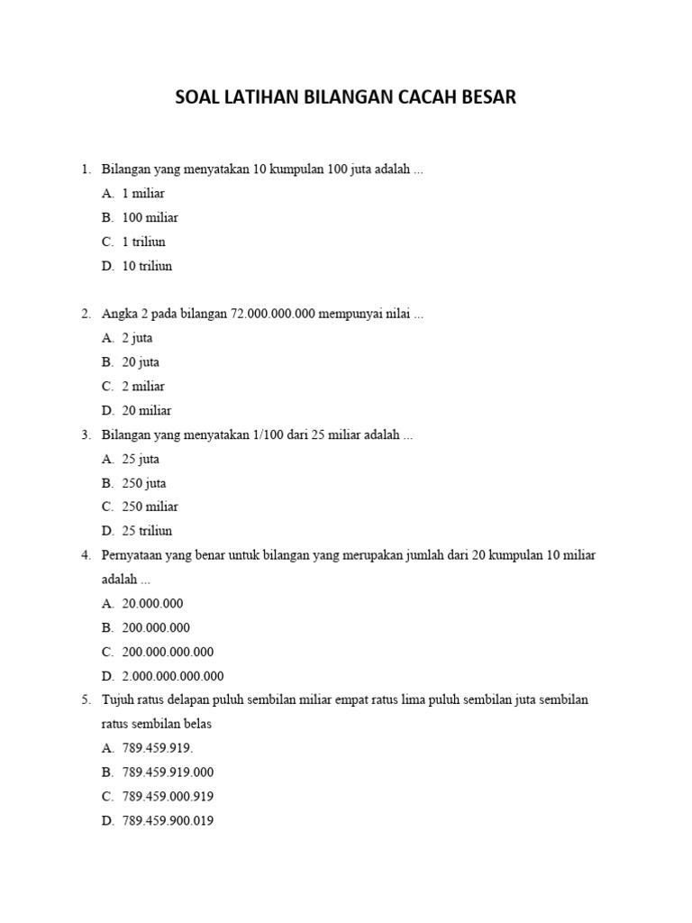 Soal Latihan Bilangan Cacah Besar | PDF
