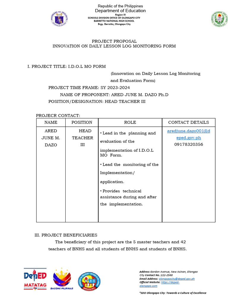 Proposal I.D.O.L Form | Download Free PDF | Lesson Plan | Teachers