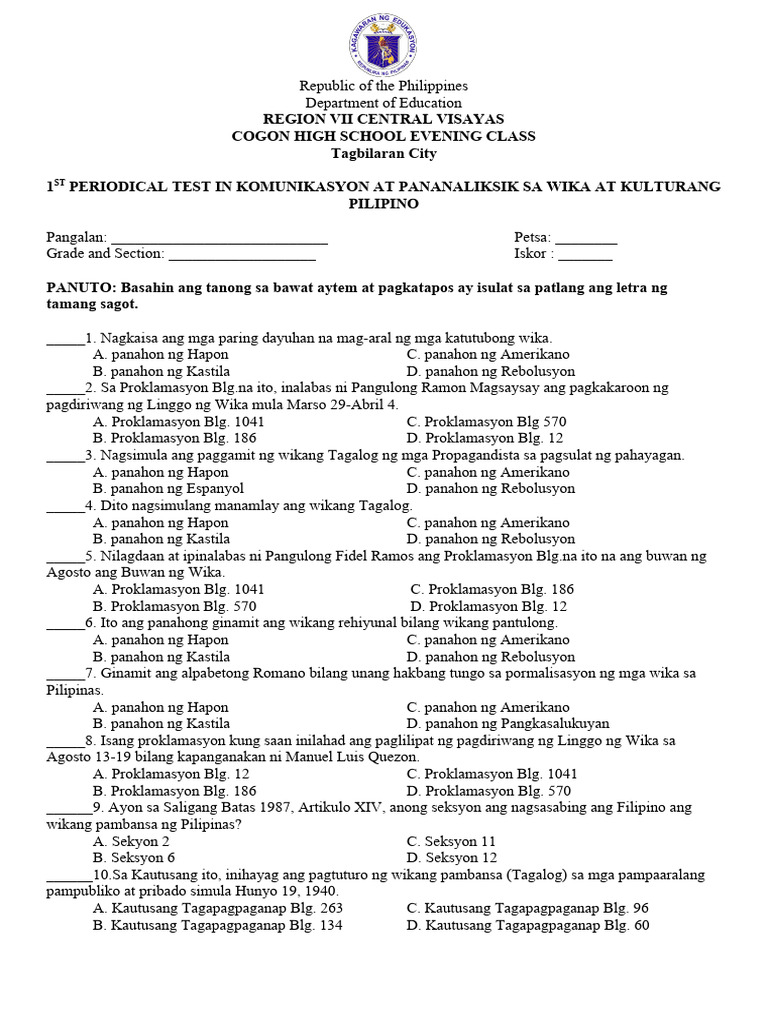 1st Periodical Test 2023-2024 KOMUNIKASYON | PDF