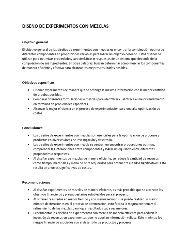 Objetivos, conclusiones y recomendaciones DISENO DE EXPERIMENTOS CON MEZCLAS | PDF