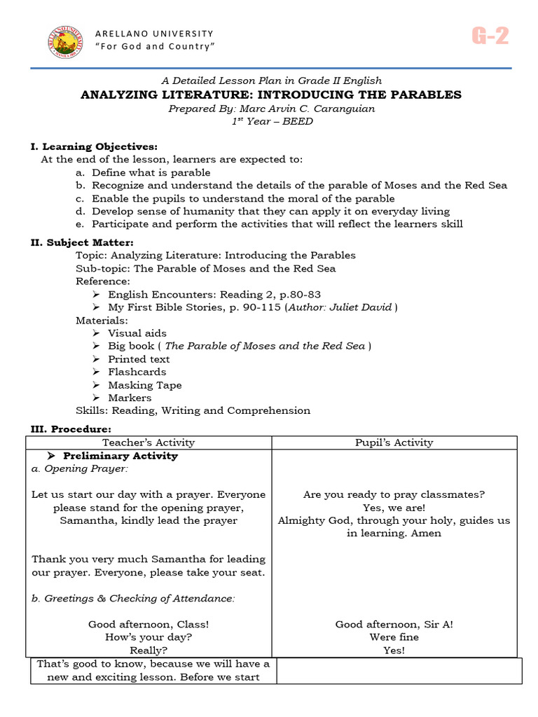 A Detailed Lesson Plan in Grade II English | PDF | Moses | Lesson Plan