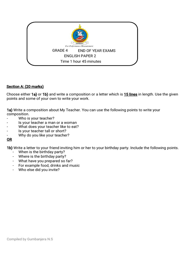 Grade 4 End of Year English Paper 2 2022 | PDF