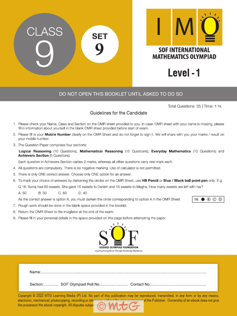 IMO Level 1 Class 9 Test Paper Set 9 | PDF