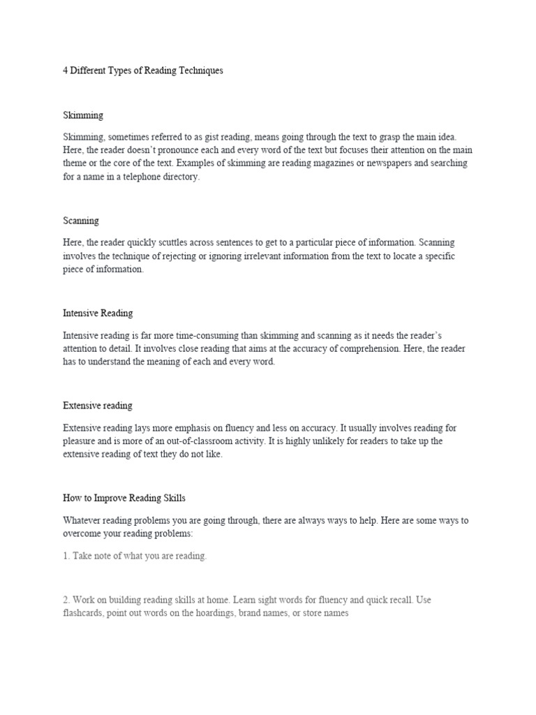 4 Different Types of Reading Techniques | PDF