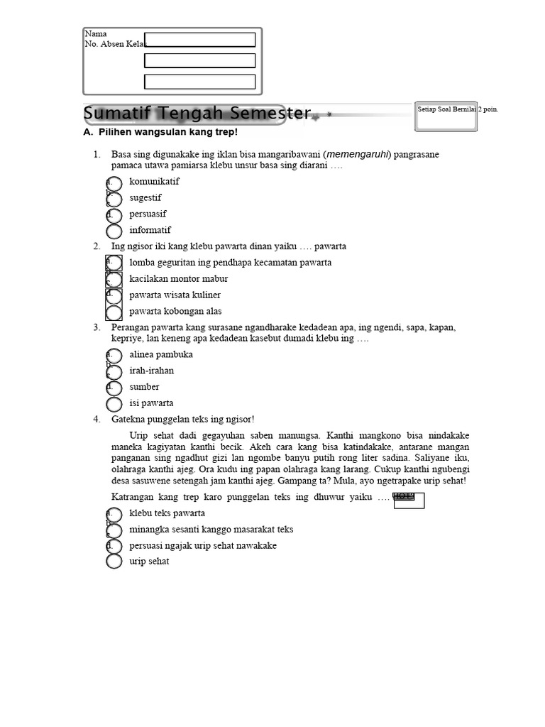 Basa Jawa 6 Lantip Sumatif Tengah Semester | PDF